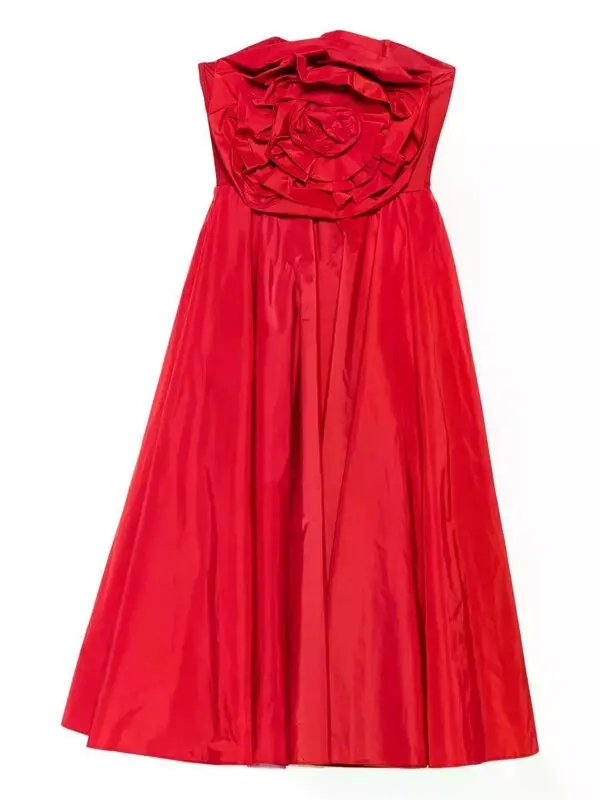 NISSA Strapless Rose Embellished A-line Midi Dress - Red