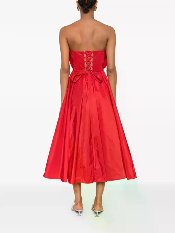 NISSA Strapless Rose Embellished A-line Midi Dress - Red
