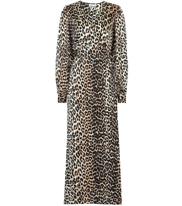 GANNI Leopard-printed Stretch-silk Maxi Dress - Brown