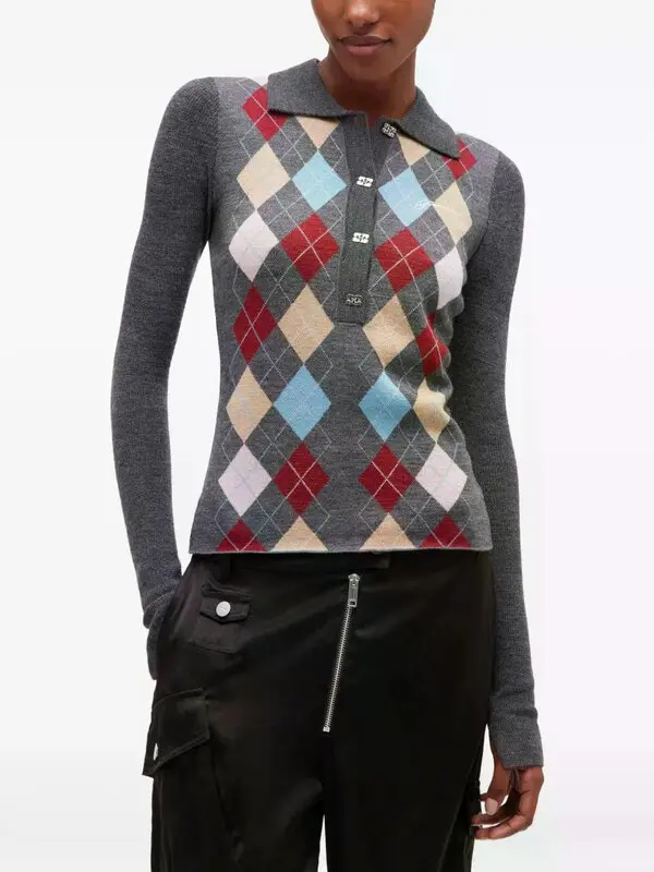 GANNI Ribbed Argyle Polo Top - Grey