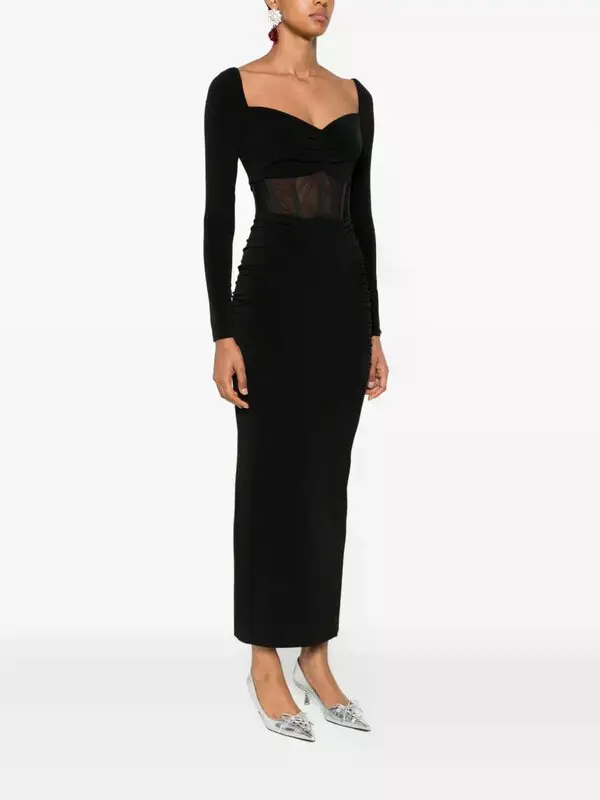 NISSA Long Sleeve Midi Dress With Sheer Panelled Bodice And Gathered Skirt