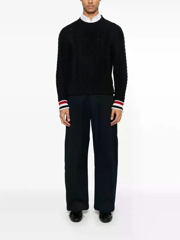 Thom Browne Aran Knit Wool Sweater With Ribbed Cuffs