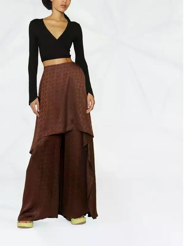Fendi Chocolate Silk Monogram Layered Wide-leg Trousers
