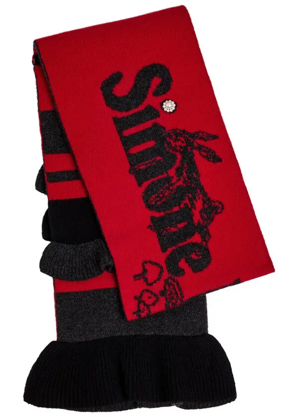 Simone Rocha Striped Ruffle-trimmed Wool-blend Scarf - Red