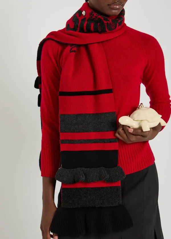Simone Rocha Striped Ruffle-trimmed Wool-blend Scarf - Red