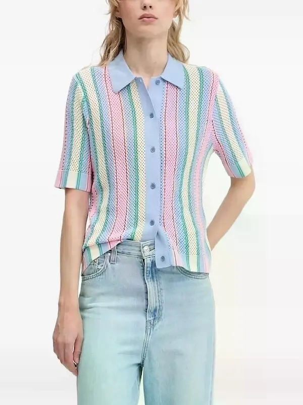 Stine Goya Striped Open-knit Polo Shirt