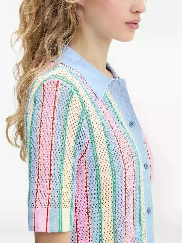 Stine Goya Striped Open-knit Polo Shirt