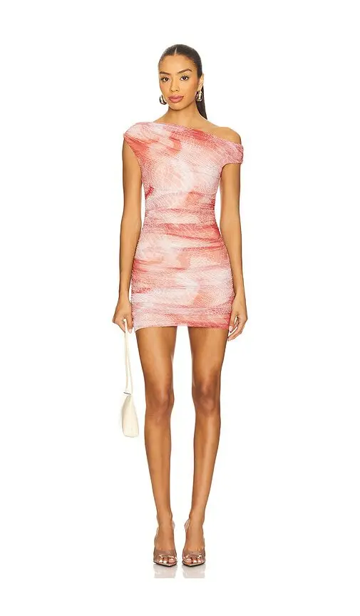 AFRM Chaska Dress Printed Stretch Mesh With Asymmetrical Neckline - Rust
