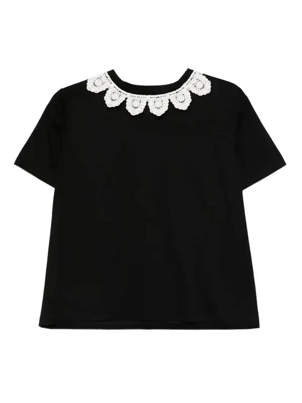 PARLOR Cotton T-shirt With Lace Trim - Black