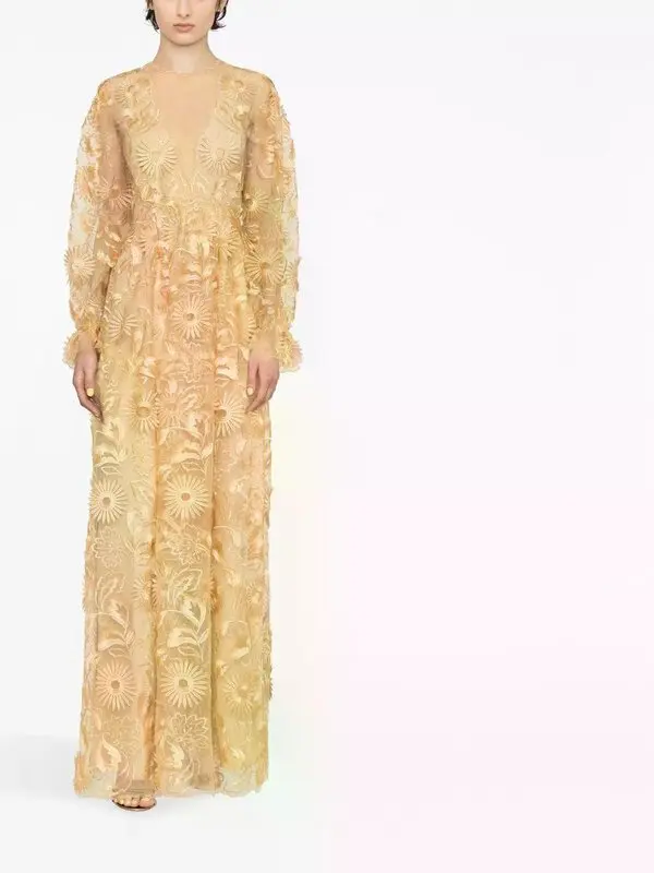 Alberta Ferretti Floral Embroidered Ruffled Maxi Dress