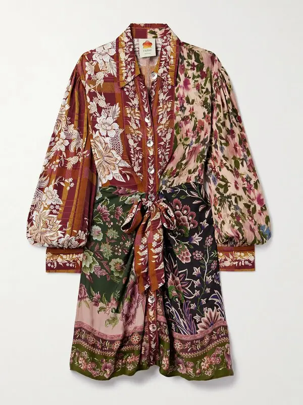 Farm Rio Tie-detailed Floral-print Twill Mini Shirt Dress - Multi