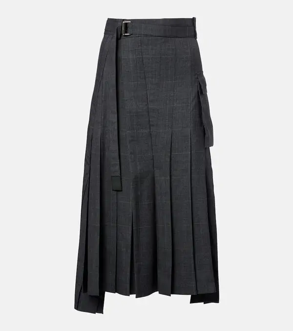 Sacai Prince Of Wales Check Wool Midi Skirt - Grey