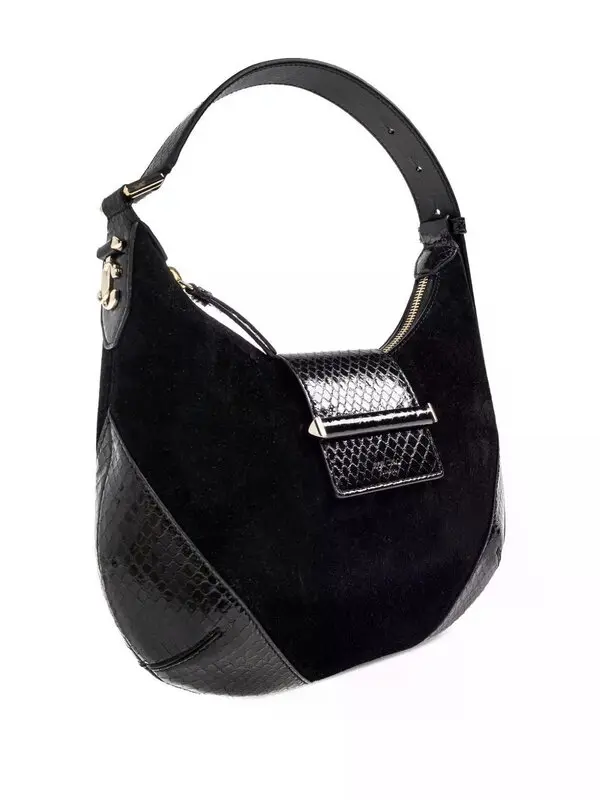 JIMMY CHOO Suede Shoulder Bag With Snakeskin Embossed Accents - Black