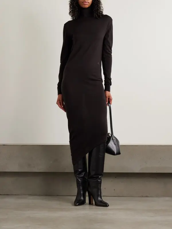 COURREGES Asymmetric Embroidered Merino Wool Midi Dress