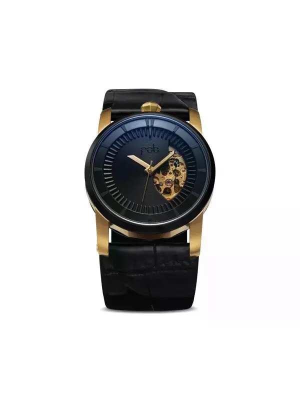 FOB PARIS Automatic Watch With Embossed Leather Strap - Black