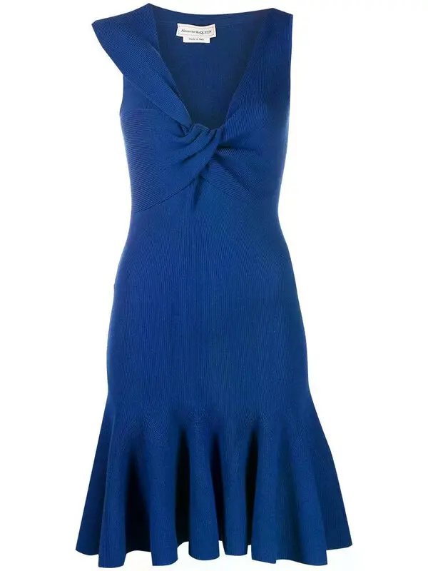 Alexander McQueen Knotted Asymmetric Neckline Knit Dress - Blue