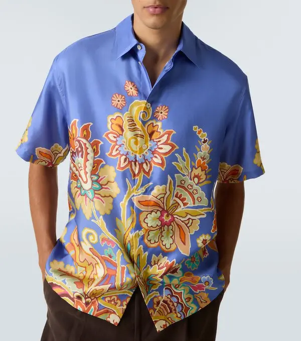 Etro Floral Silk Bowling Shirt - Blue