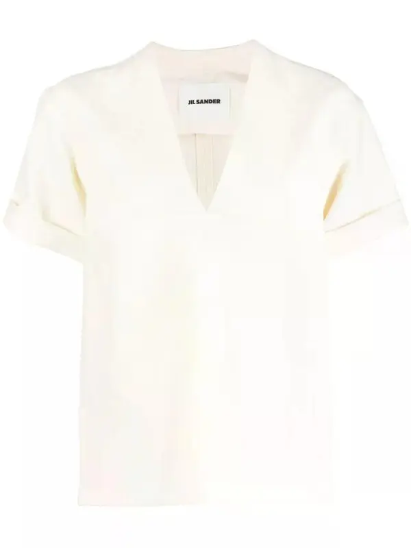 JIL SANDER V-neck Short Sleeve Linen-blend Blouse - Neutrals