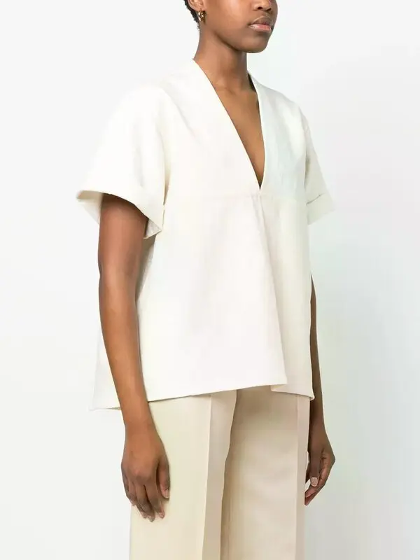 JIL SANDER V-neck Short Sleeve Linen-blend Blouse - Neutrals