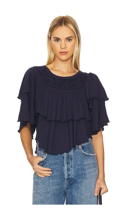 Free People Layered Ruffle T-shirt - Navy