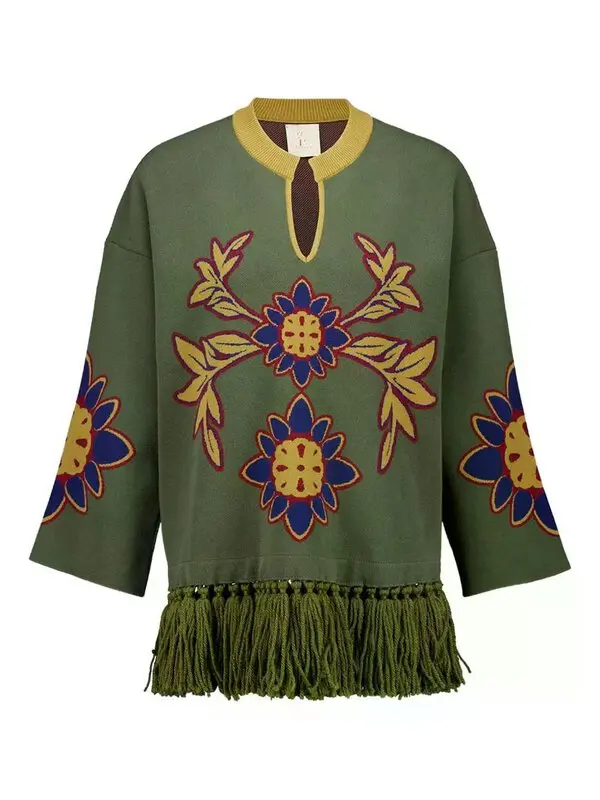 PAULA Embroidered Floral Tunic With Fringe Detail - Green