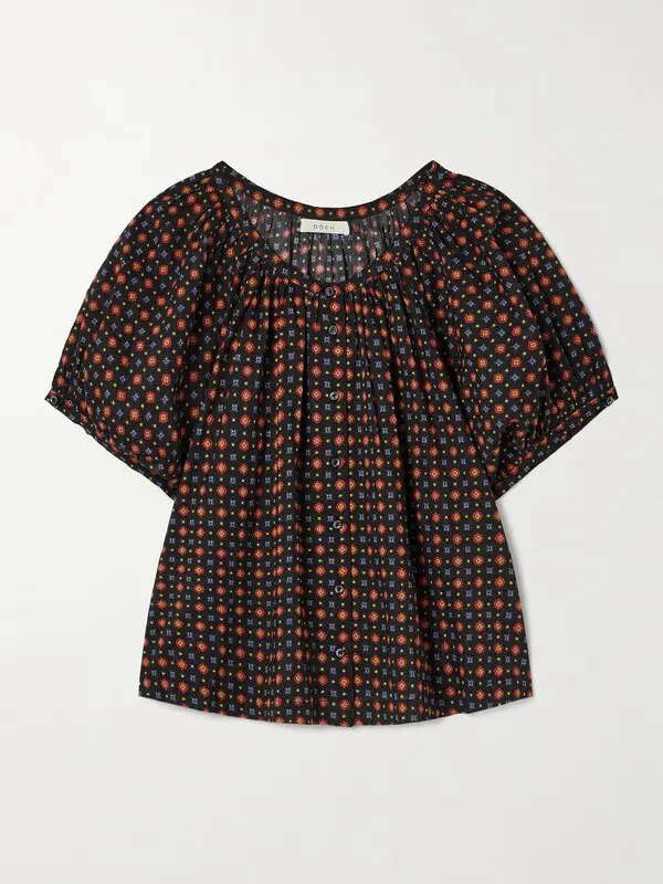 DÔEN June Gathered Floral-print Organic Cotton-voile Blouse