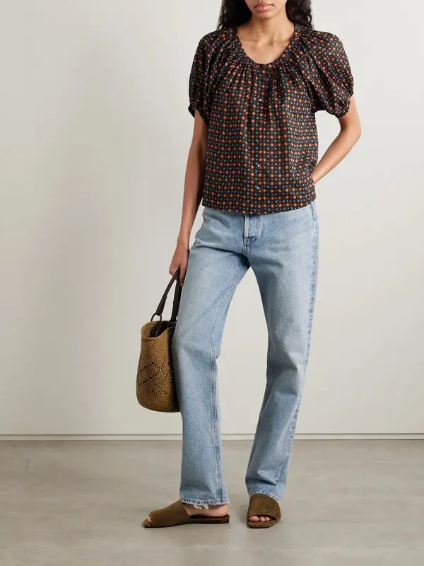DÔEN June Gathered Floral-print Organic Cotton-voile Blouse