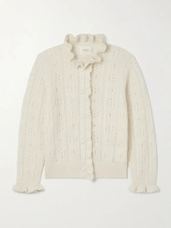 DÔEN Claudie Ruffled Pointelle-knit Alpaca-blend Cardigan - Neutrals