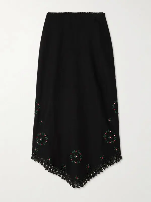 Rixo Imola Crochet-trimmed Embroidered Linen-blend Midi Skirt - Black