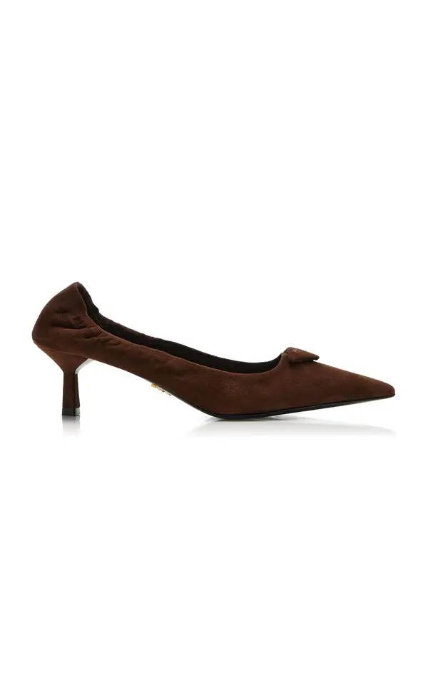 Prada Suede Kitten Heel Pumps With Triangle Logo - Brown