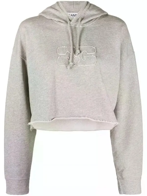 GANNI Logo-embossed Cropped Hoodie - Grey