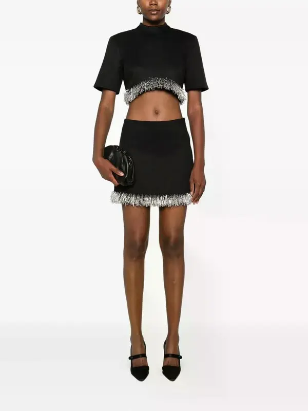 Simkhai Short Sleeve High Neck Cropped Top With Fringe Trim