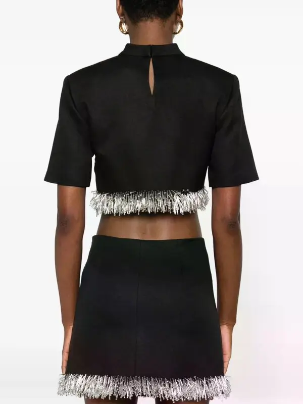Simkhai Short Sleeve High Neck Cropped Top With Fringe Trim