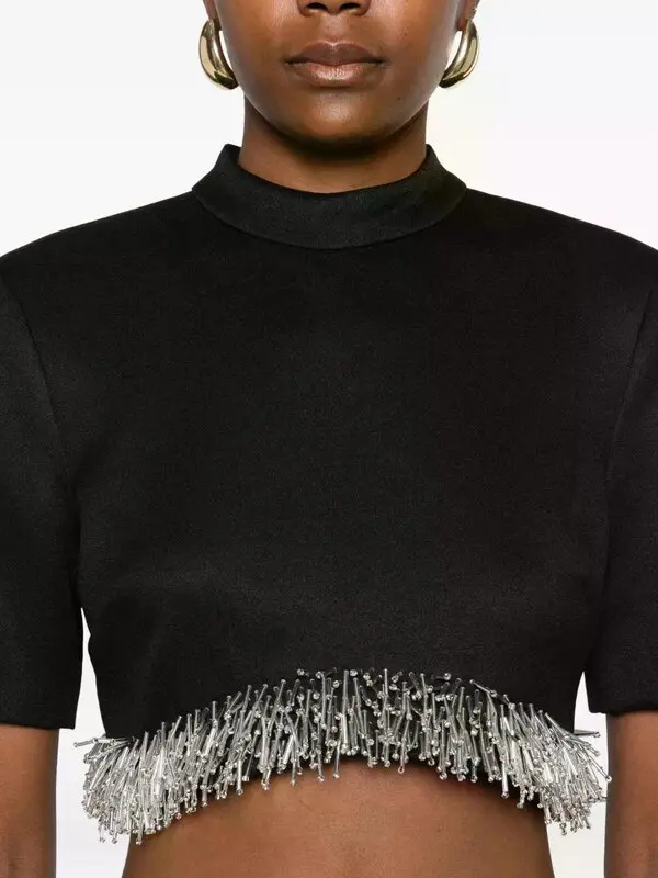 Simkhai Short Sleeve High Neck Cropped Top With Fringe Trim