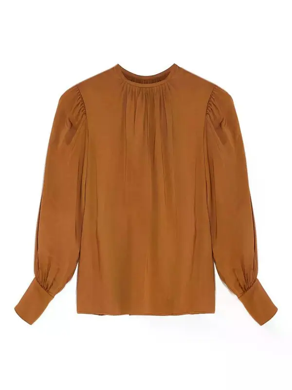 YVES SALOMON High Neck Pleated Blouse With Button Embellishment - Brown