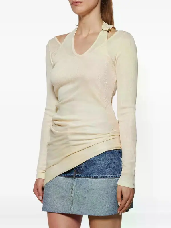 JEAN PAUL GAULTIER Ribbed Twisted Top With Cut-out Shoulders And Neck Tie - Neutrals