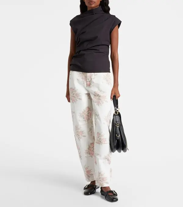 GANNI Ruched Cotton-blend Top - Black