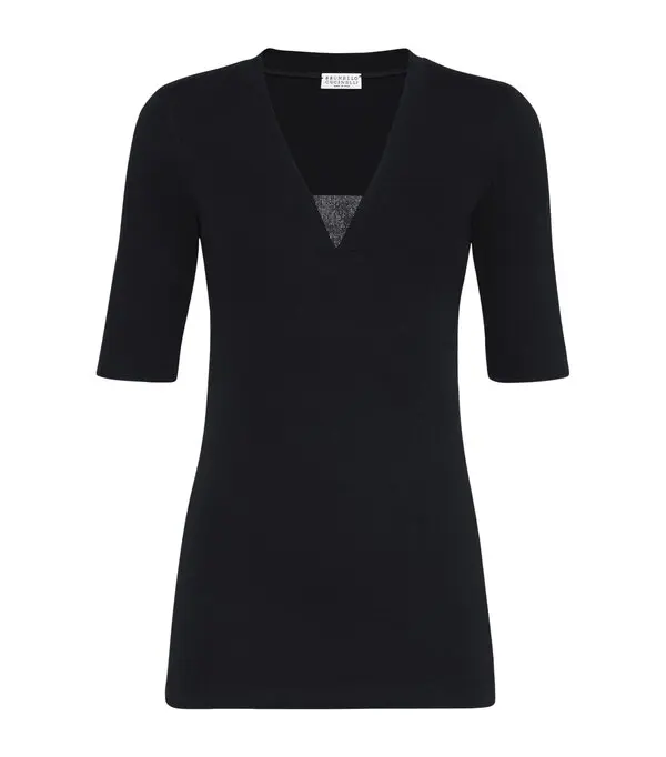 Brunello Cucinelli Stretch-cotton T-shirt With Monili Detail - Black