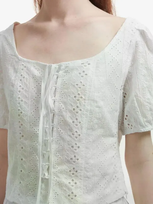 B+AB Eyelet Lace-up Puff Sleeve Top