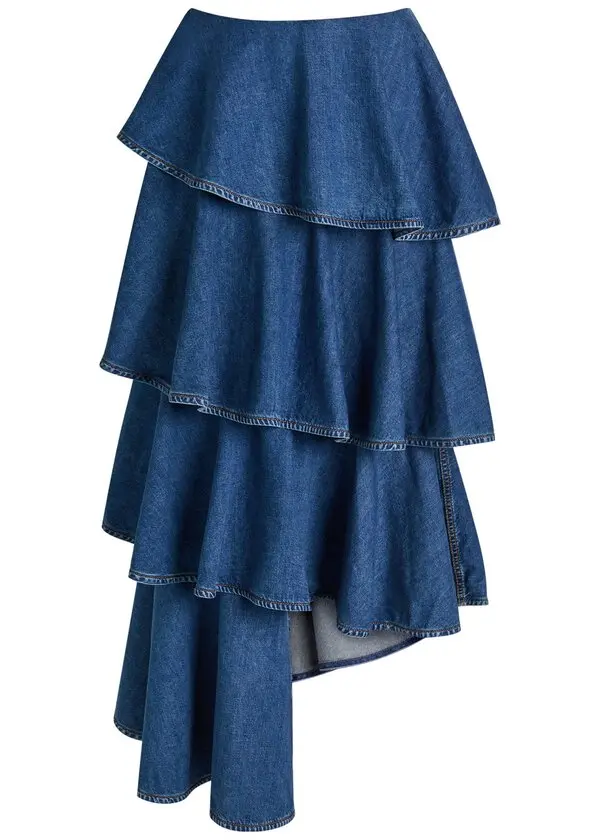 Alaïa Spiral Asymmetric Tiered Denim Midi Skirt