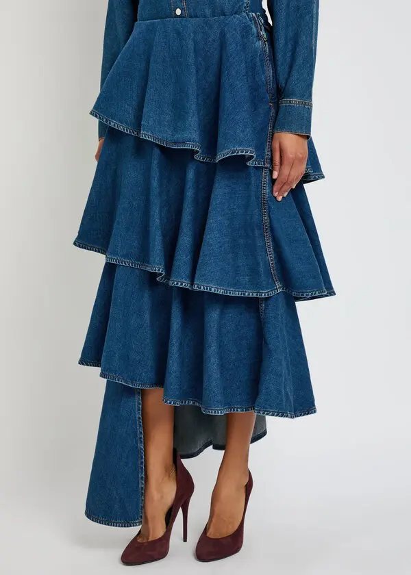 Alaïa Spiral Asymmetric Tiered Denim Midi Skirt