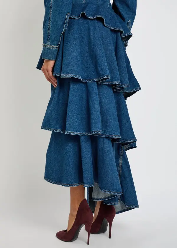 Alaïa Spiral Asymmetric Tiered Denim Midi Skirt