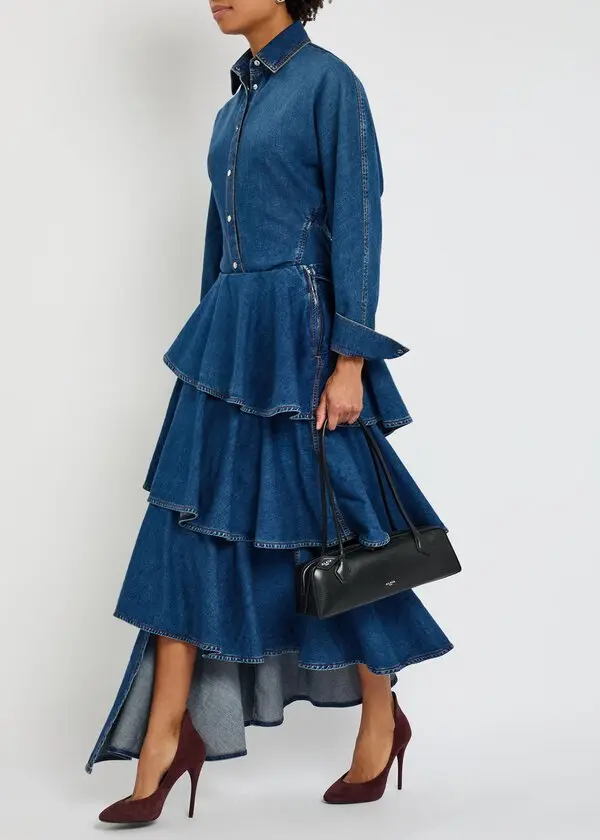 Alaïa Spiral Asymmetric Tiered Denim Midi Skirt