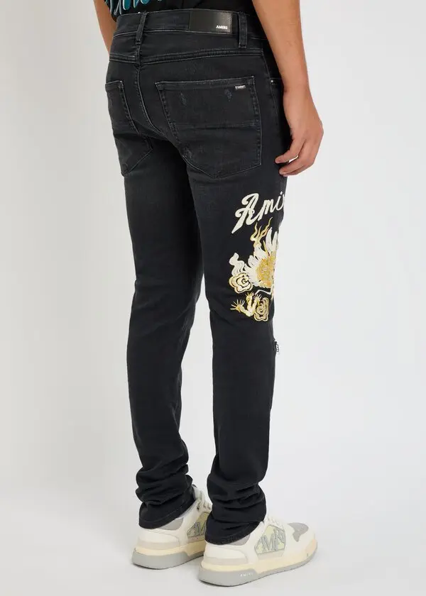 Amiri Dragon Repair Embroidered Slim-leg Jeans