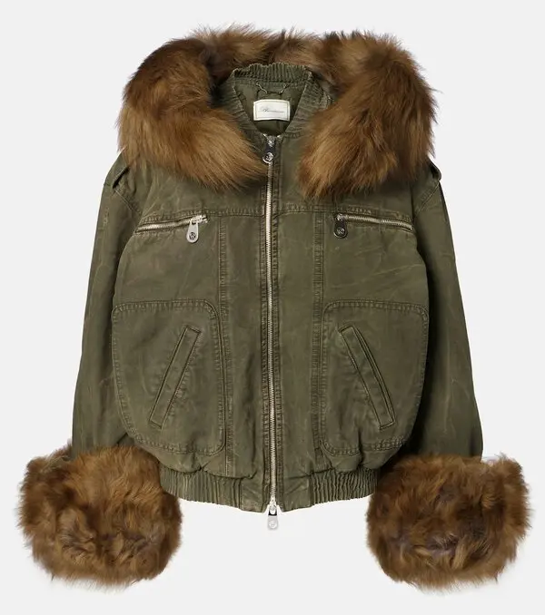 Blumarine Cotton Canvas Bomber Jacket With Shearling Trim - Green