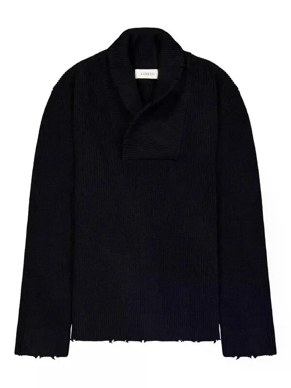 LANEUS Shawl Collar Frayed Knit Sweater - Blue