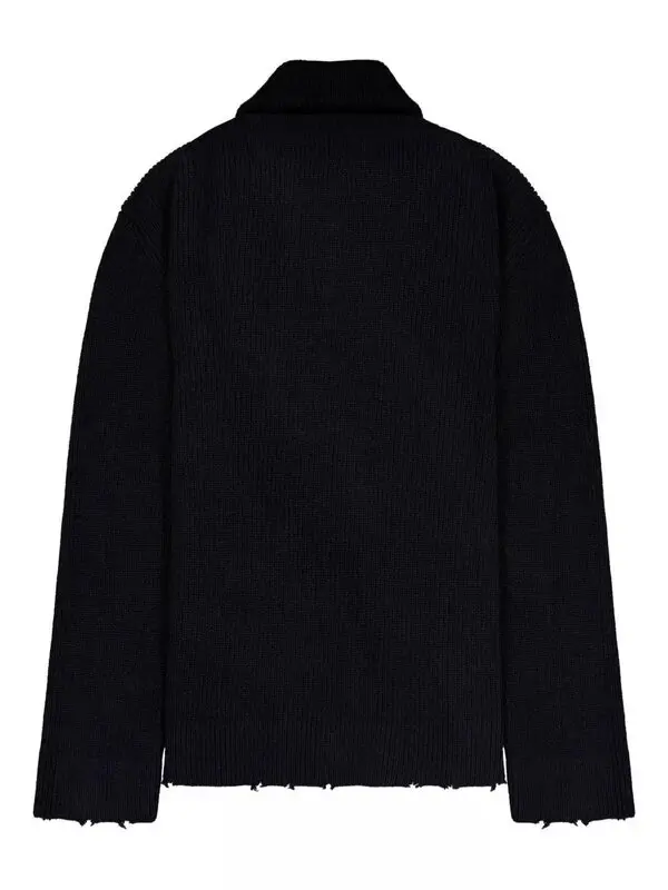 LANEUS Shawl Collar Frayed Knit Sweater - Blue
