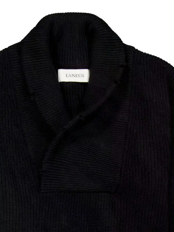 LANEUS Shawl Collar Frayed Knit Sweater - Blue
