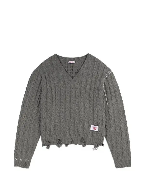 CHARLES JEFFREY Lambswool Blend Cable Knit V-neck Sweater