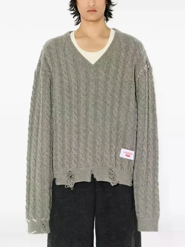 CHARLES JEFFREY Lambswool Blend Cable Knit V-neck Sweater